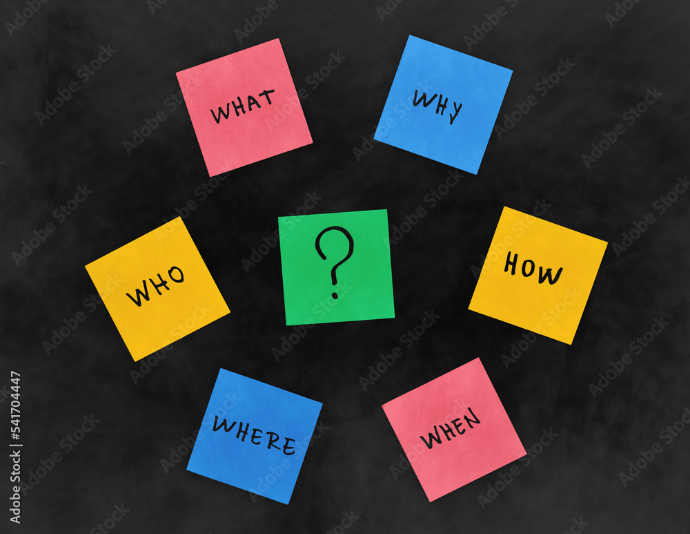 Colorful sticky notes on blackboard, simple mind map with questions ...