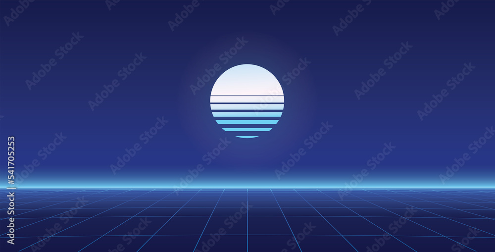 1980's neon sci fi landscape. Retrowave, synthwave background. Cyberpunk perspective grid. Stock ...