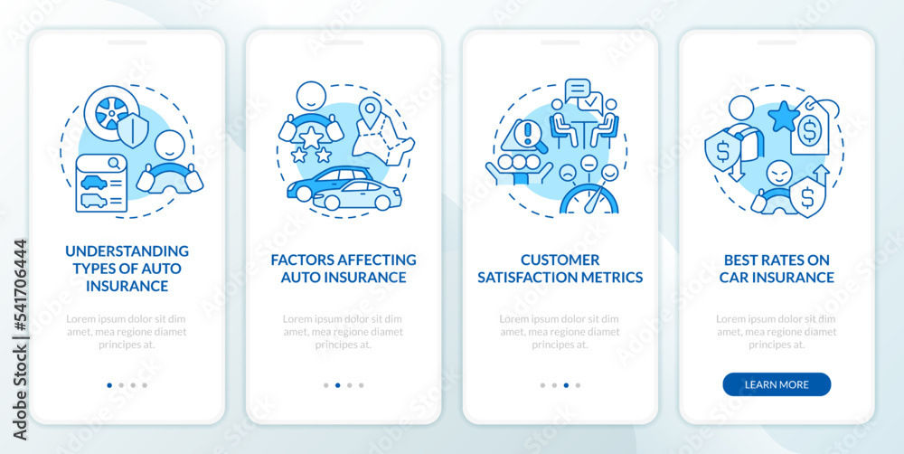 Choosing auto insurance service blue onboarding mobile app screen ...