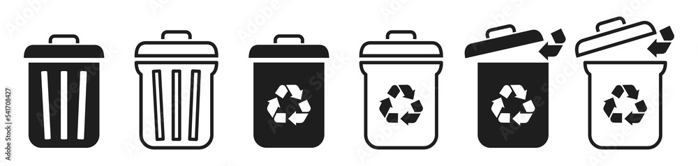 Trash can icon set. Rubbish bin with recycle arrow. Dustbin garbage ...