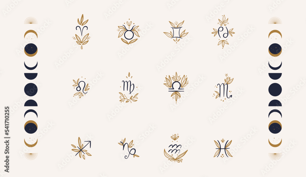 Vector flat and simple set of astrological signs with flowers and ...