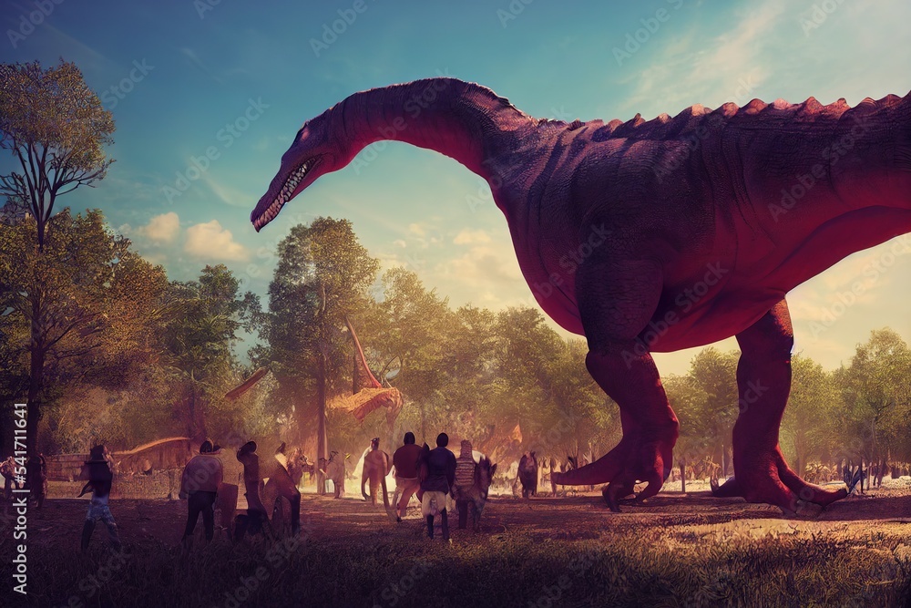 scene of the giant dinosaur destroy the park. Photo. Stock Illustration ...