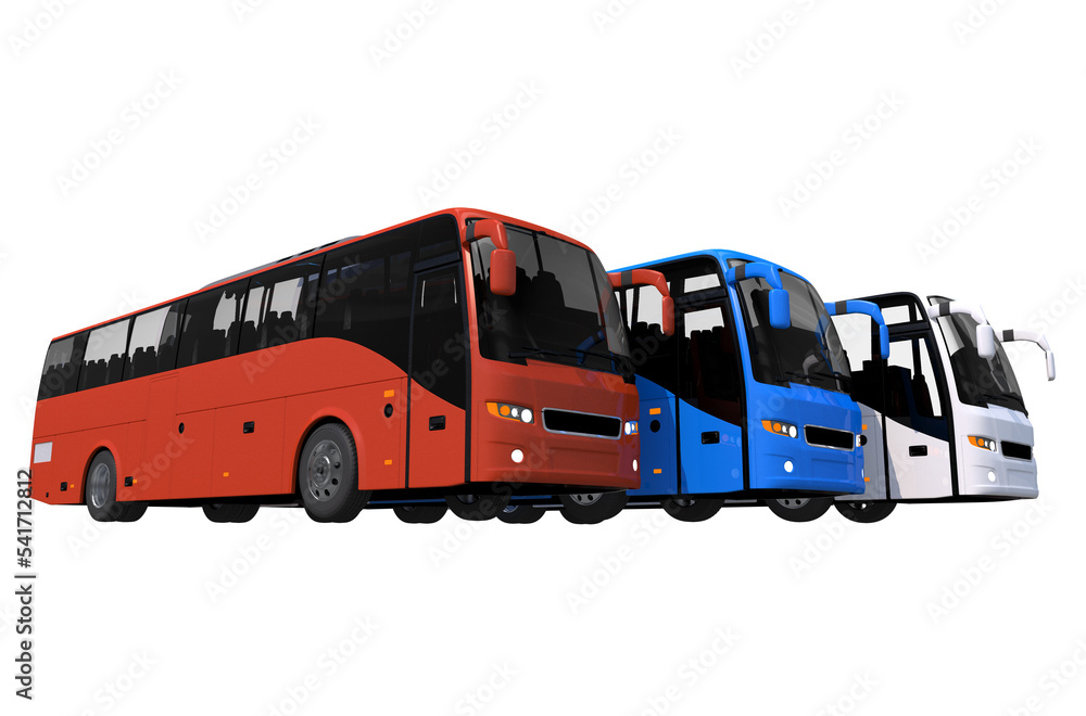 Three Colourful Coach Buses Isolated on Transparent Background. PNG 3D ...
