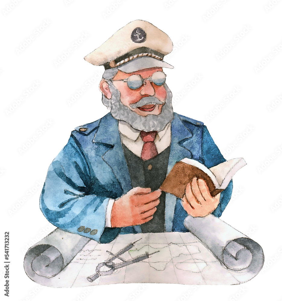 Ship's captain (shipmaster) with a map, watercolor isolated on white or ...