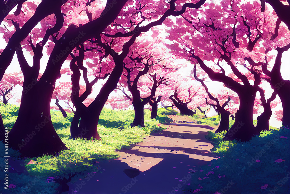 strong painted cherry trees path in a forest, unexplored road Stock ...