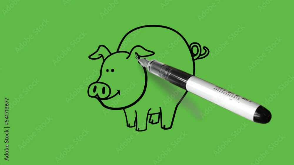 Draw cartoon pig animal with round body in blue color combination with ...