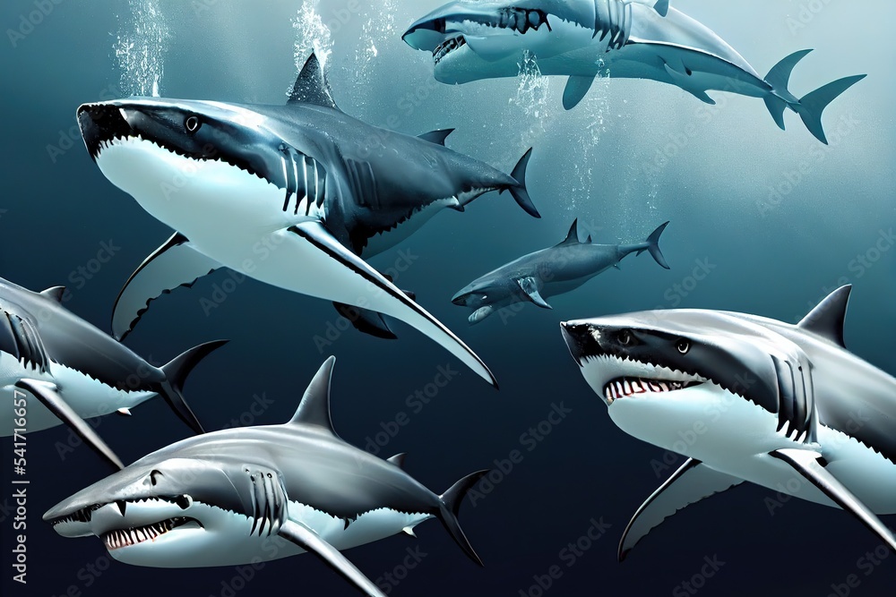 Group of Great white sharks swimming in the deep blue ocean water ...