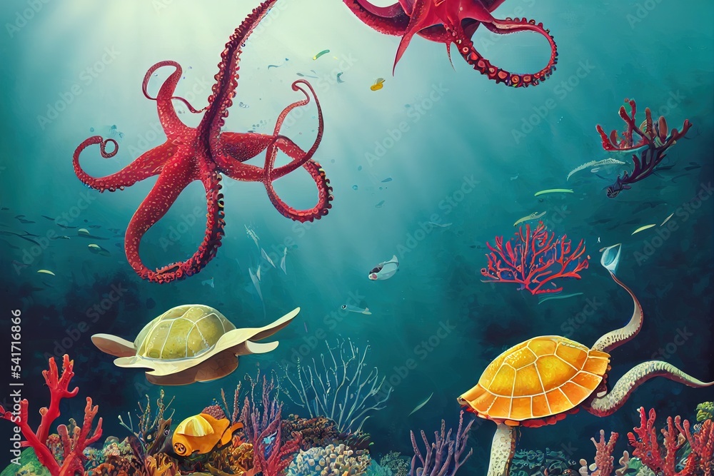 Cartoon children swimming with octopus and turtle under the sea ...