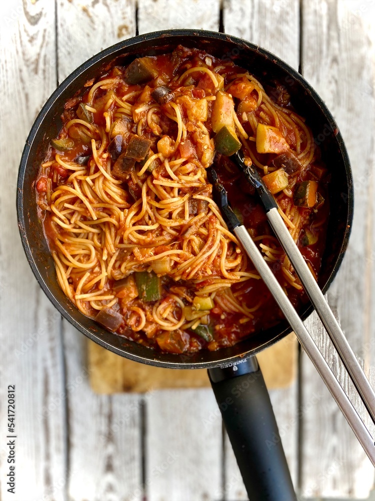 pasta alla norma, spaghetti with eggplant Stock Photo | Adobe Stock