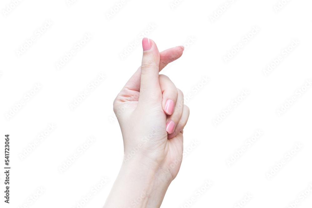 Asian woman make her hand like mini heart shape (Korea style) as a sign ...