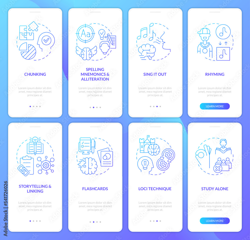 Verbal memorizing methods blue gradient onboarding mobile app screen ...