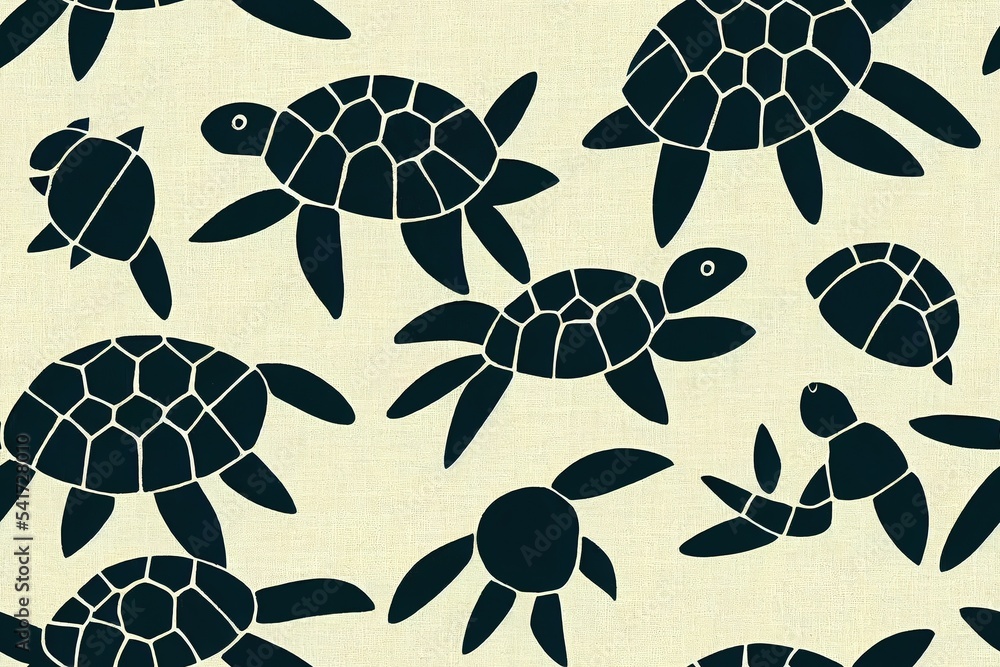 Blue rustic turtle block print on a soft white linen texture background ...