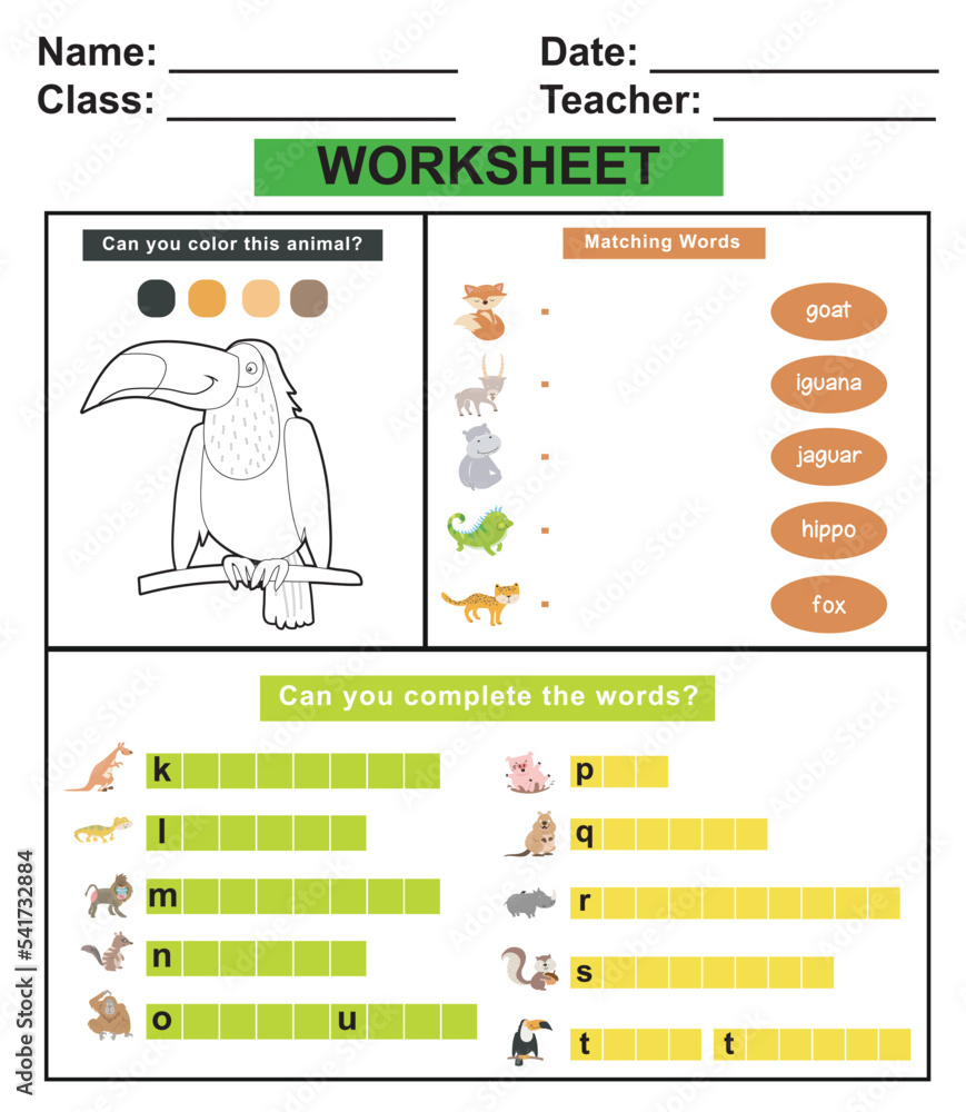 Children worksheet with animal theme. Educational activity sheet for ...