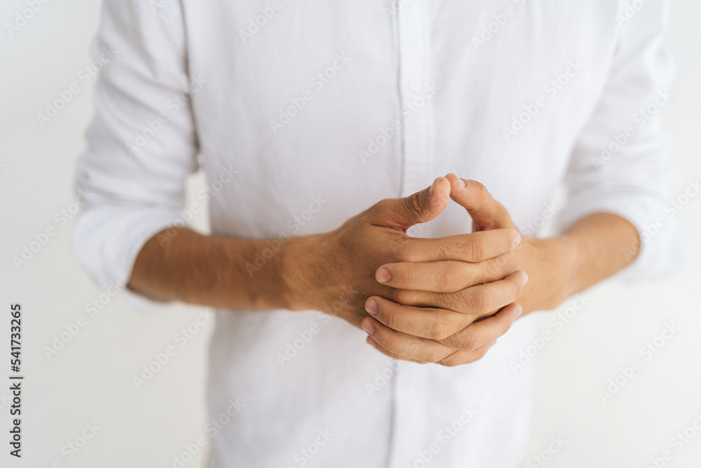 Close-up cropped shot of unrecognizable stressed man ins casual shirt ...