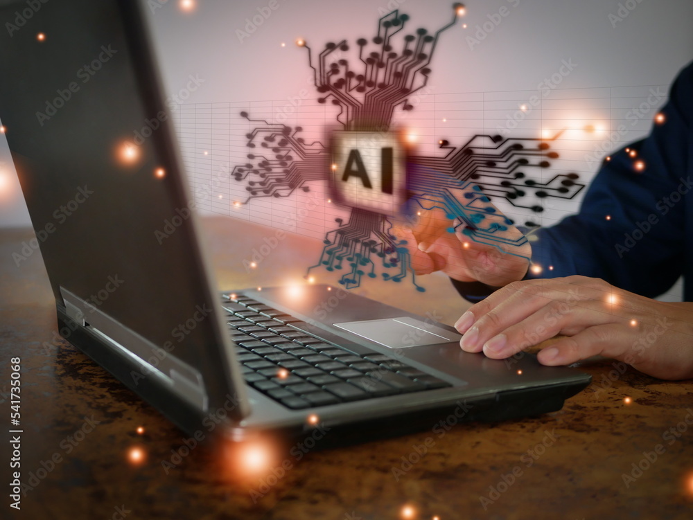 Businessman finger touching activates dark black virtual screen Ai ...