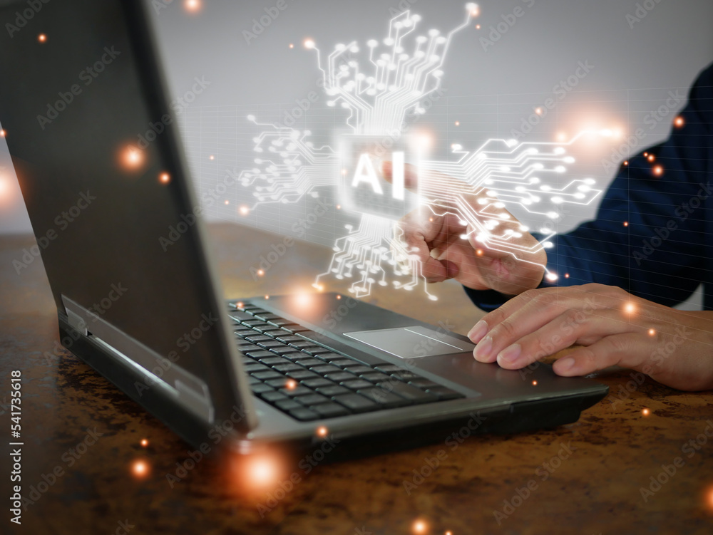 Businessman finger touching and activating virtual screen of Ai system ...