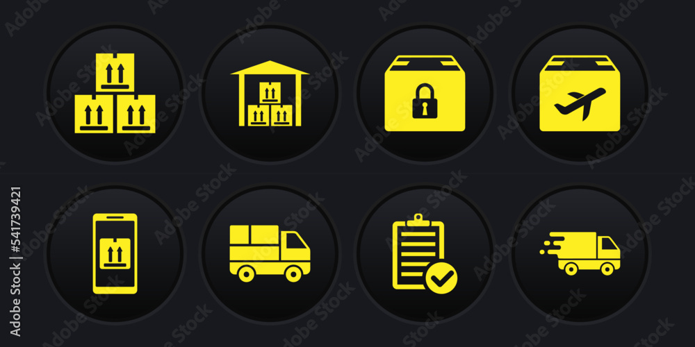 Set Mobile with app tracking, Plane and cardboard box, Delivery truck ...