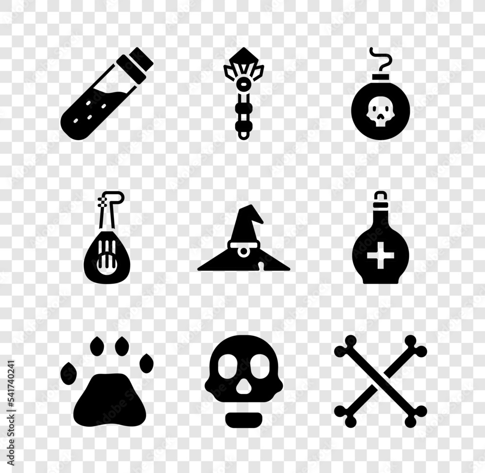 Vecteur Stock Set Bottle with potion, Magic wand, Bomb ready to explode ...