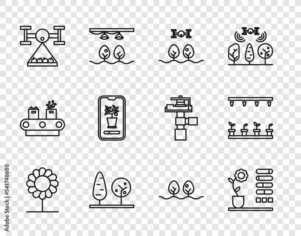 Set line Flower, status, Smart farm with drone, Trees, control farming ...