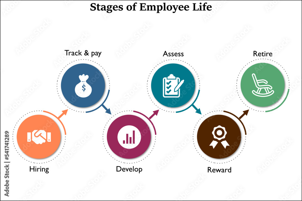 Stages Of Employee Life with icons in an Infographic template Stock ...