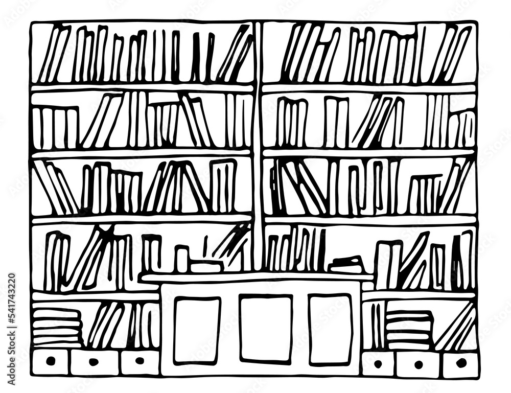 Simple hand drawn black outline vector drawing. Home library, secretary ...