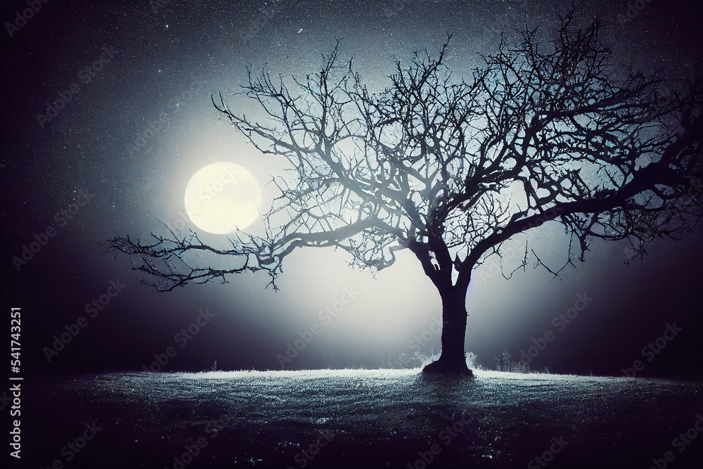 Silhouette of a leafless tree with beautiful twisted branches. Night ...