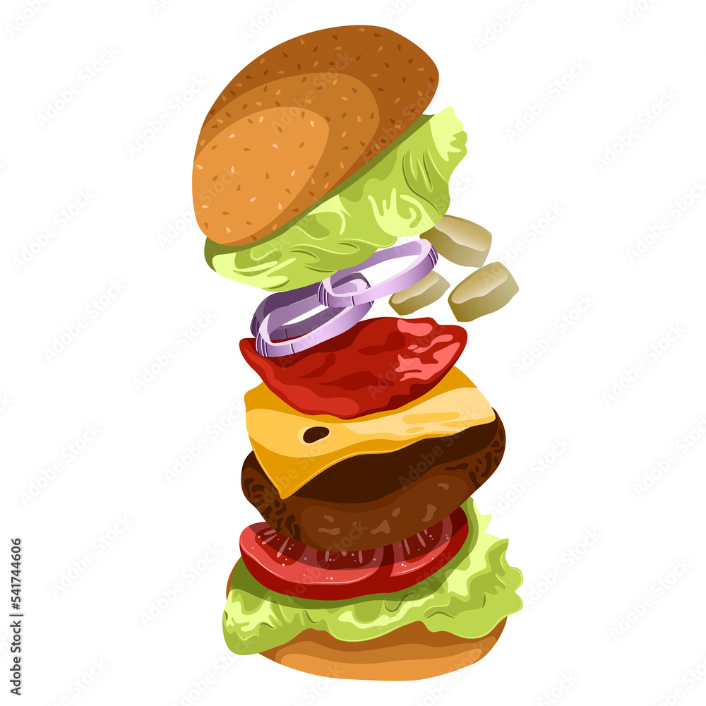 Illustration of colorful flying disassembled burger isolated on ...