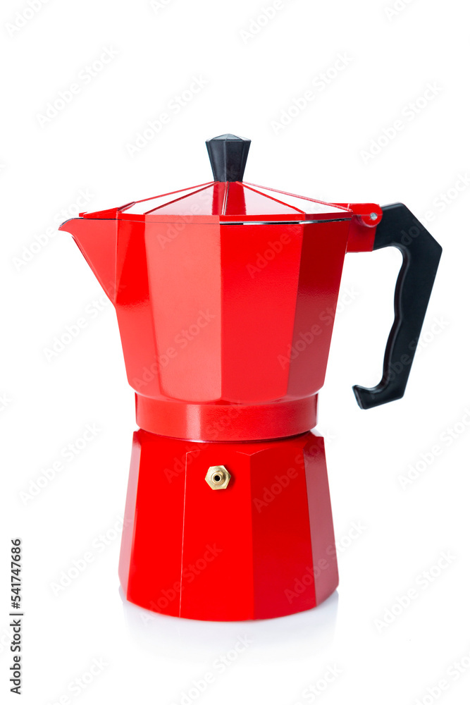 Red geyser coffee maker. Preparation of aromatic drink. Isolated on ...