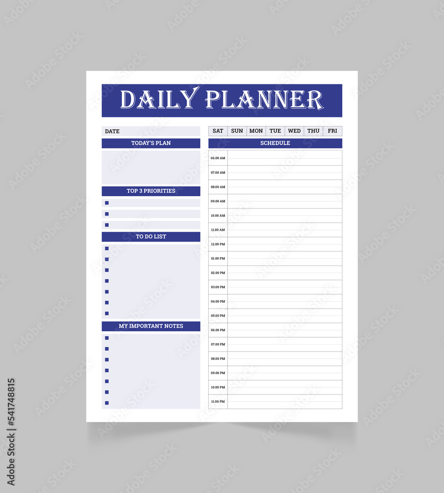 Printable daily planner page template . Blank white notepad page. Stock ...