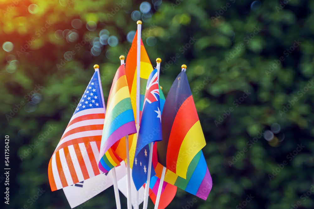 Rainbow flags and national flags of many countries united as one To ...