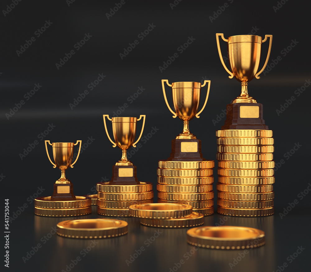 Gold trophies cups and stacks of gold coins, growth concept, 3d render ...