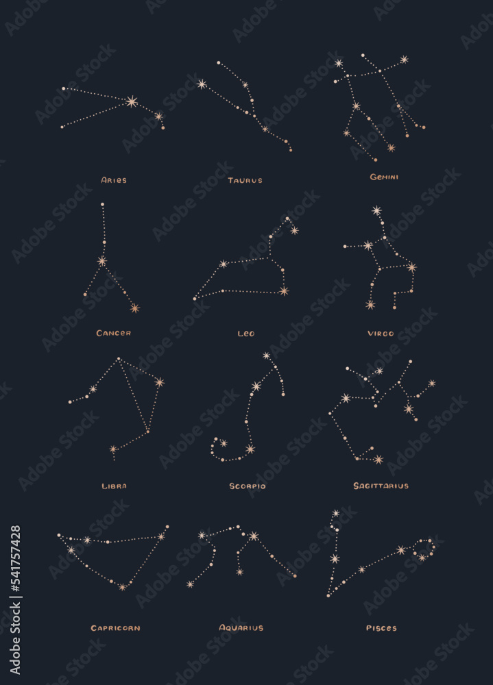 Horoscope, all zodiac signs in constellation style with line and stars ...