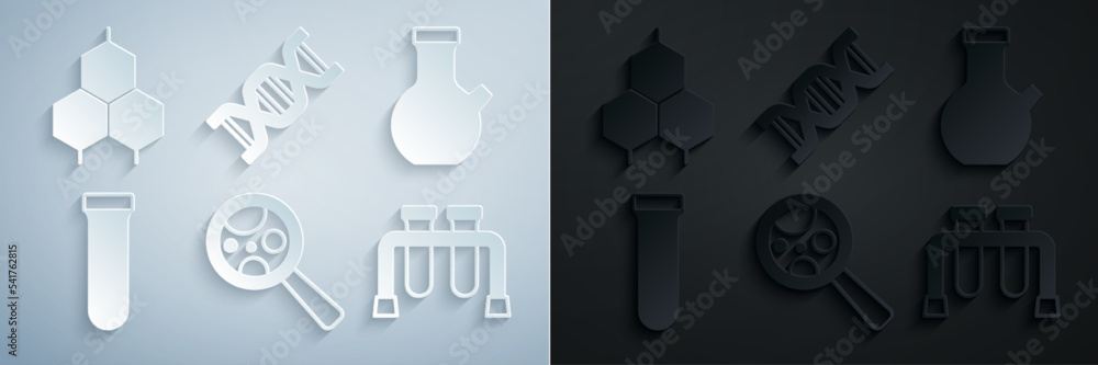Set Microorganisms under magnifier, Test tube, DNA symbol and Chemical ...