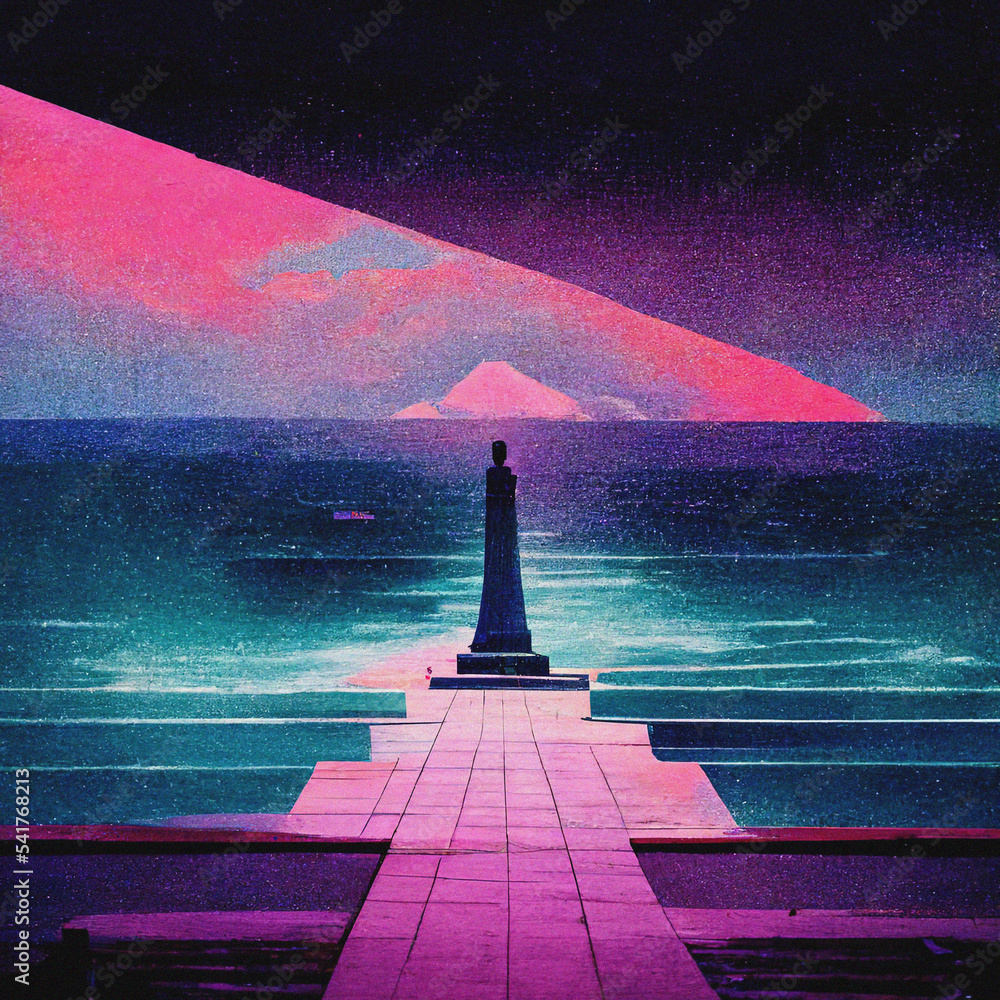 Abstract Retro futuristic sci-fi synthwave landscape in space with ...