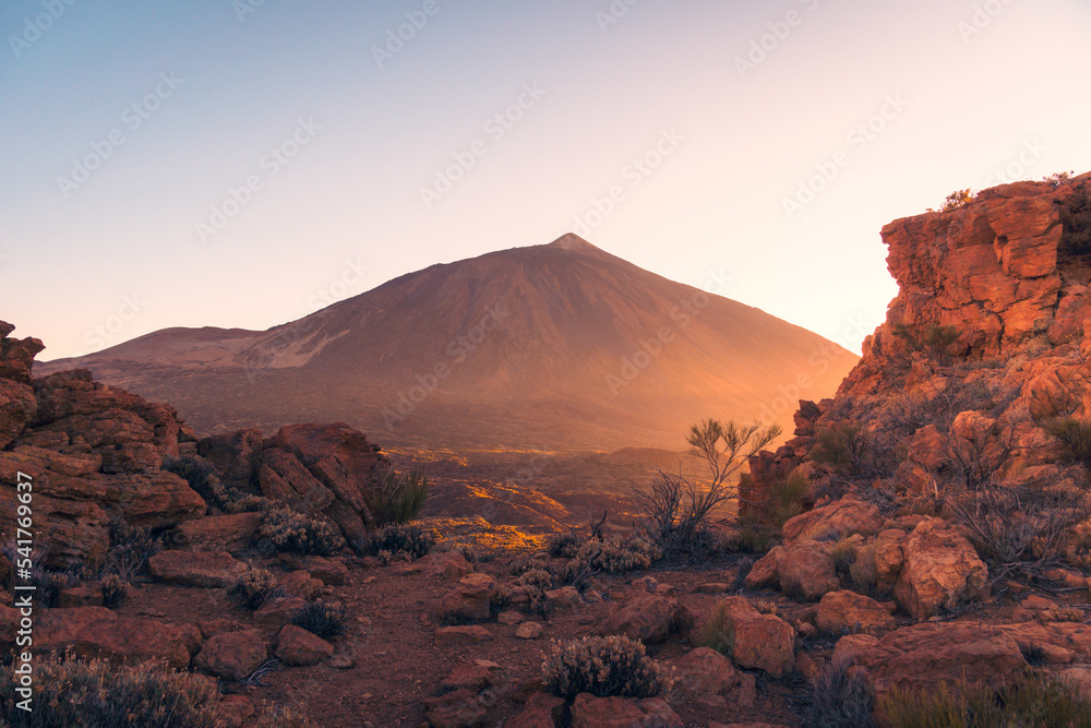 Amazing volcano landscape with rough rocky terrain at sunset Stock ...