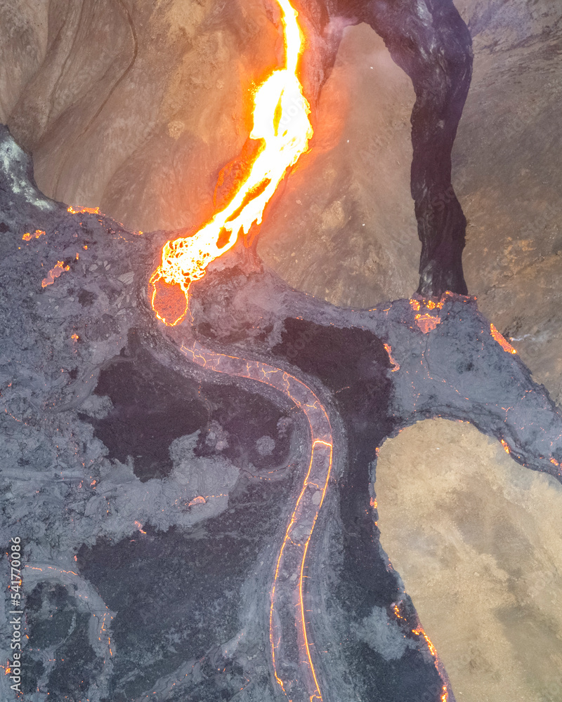 Aerial view of a lava stream flowing from Fagradalsfjall Volcano during ...