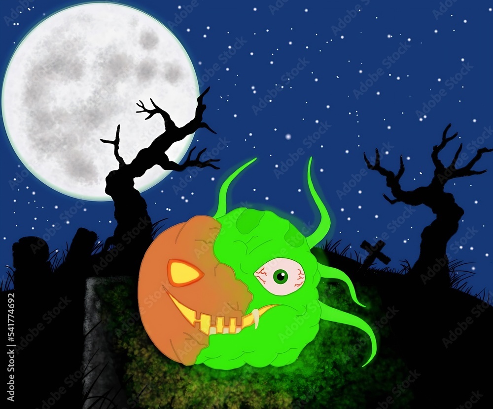 halloween background with black silhouette of graveyard, trees, hill ...