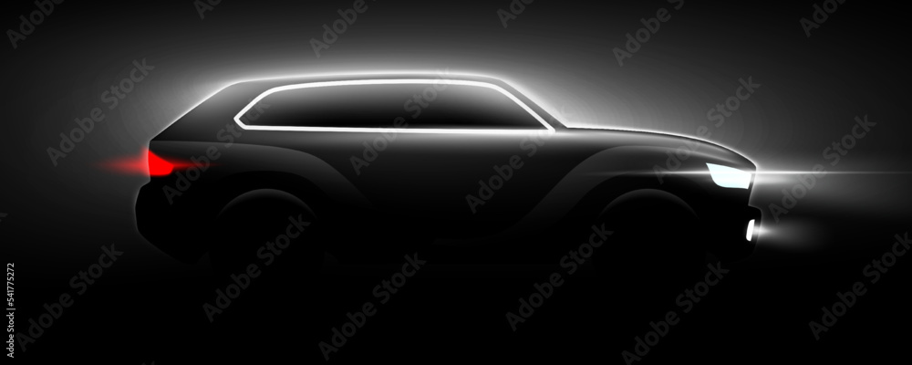Black SUV car silhouette with head lights and tail lights on a dark ...