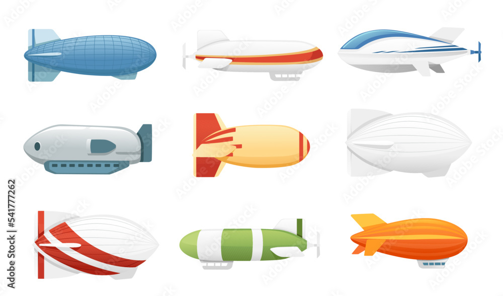 Set of commercial airship diffirent and shapes color rigid airship ...