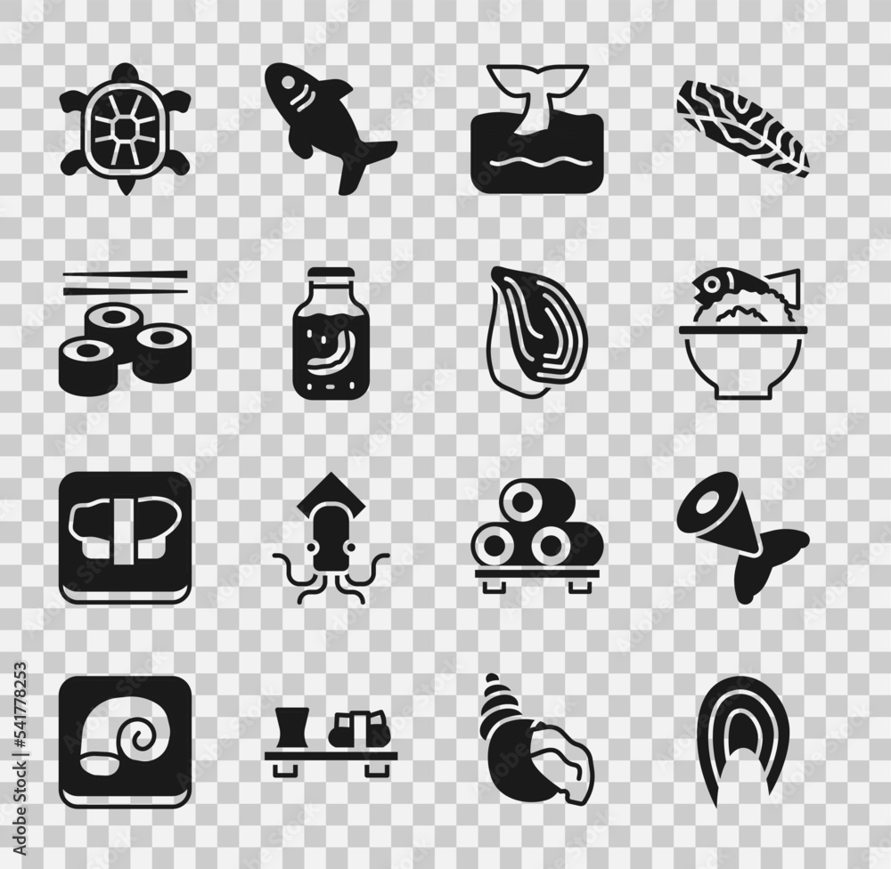 Set Fish steak, tail, Served fish on bowl, Whale in ocean wave, Sea ...