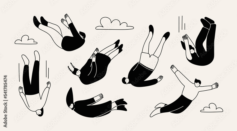 Various falling people. Diverse male and female characters. Hand drawn ...