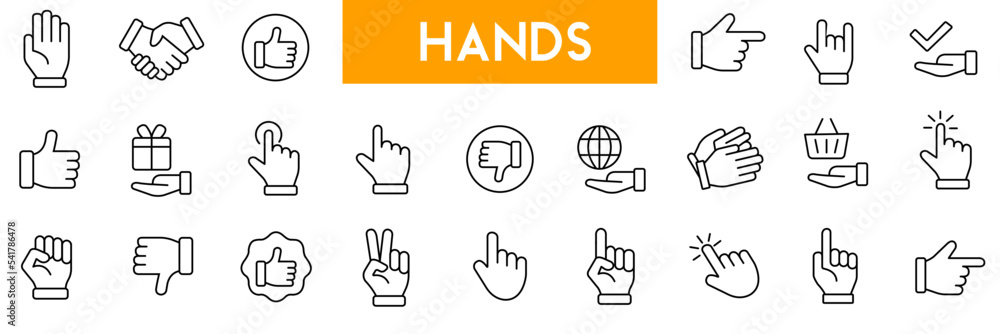 Hand line flat icons set isolated on white background vector. Hands ...