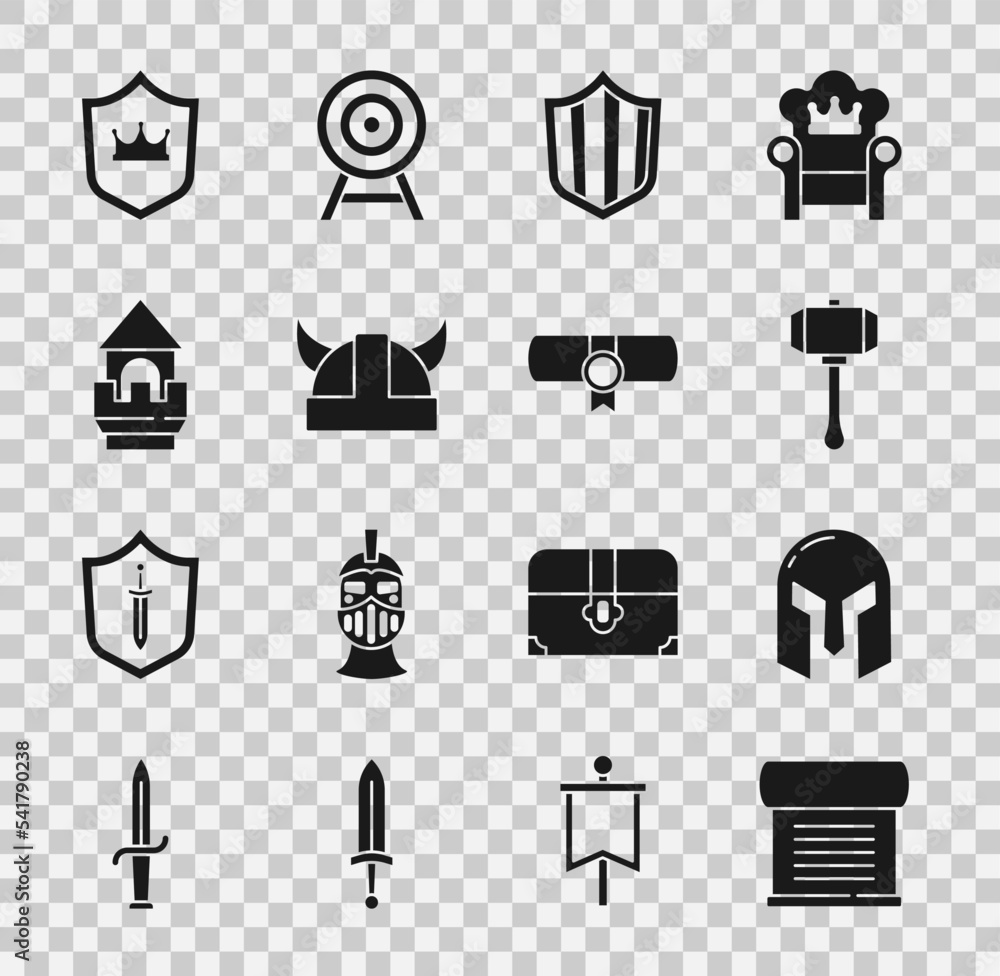 Set Decree, parchment, scroll, Medieval iron helmet, Hammer, Shield ...