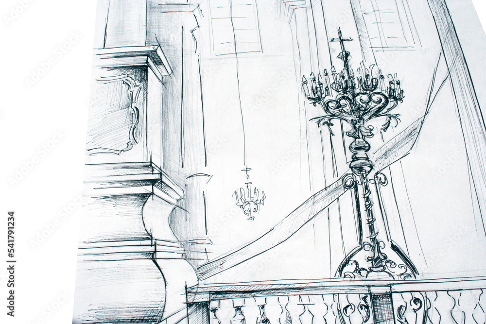 Hand drawn church interior fragment. Candles, lamps, braces, windows ...