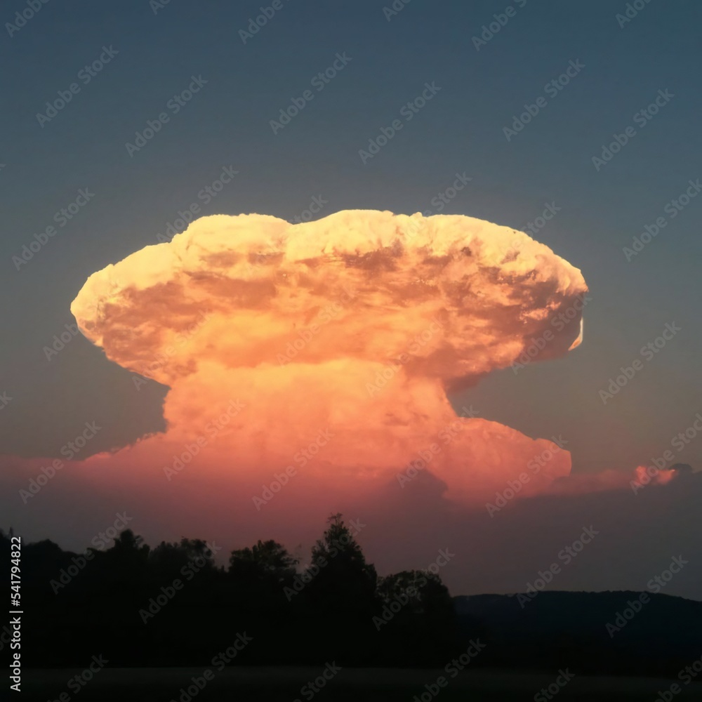 Mushroom cloud created by a nuclear bomb explosion with sun shining on ...