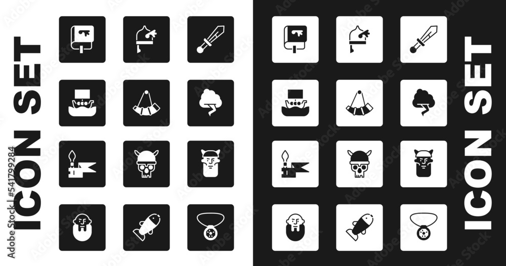 Set Medieval sword, Hunting horn, Viking ship Drakkar, book, Cloud and ...