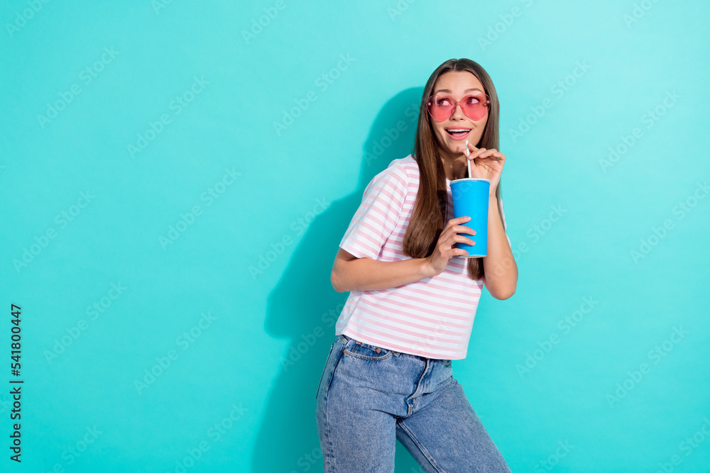 Portrait Of Excited Impressed Woman With Long Hairdo Dressed Striped T