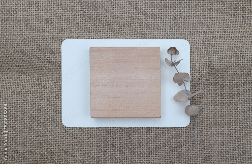 Empty Blank texture canvas paper card, wood board, eucalyptus leaf ...