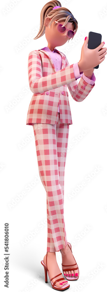 Cartoon full body young woman in a pink suit chatting using a ...
