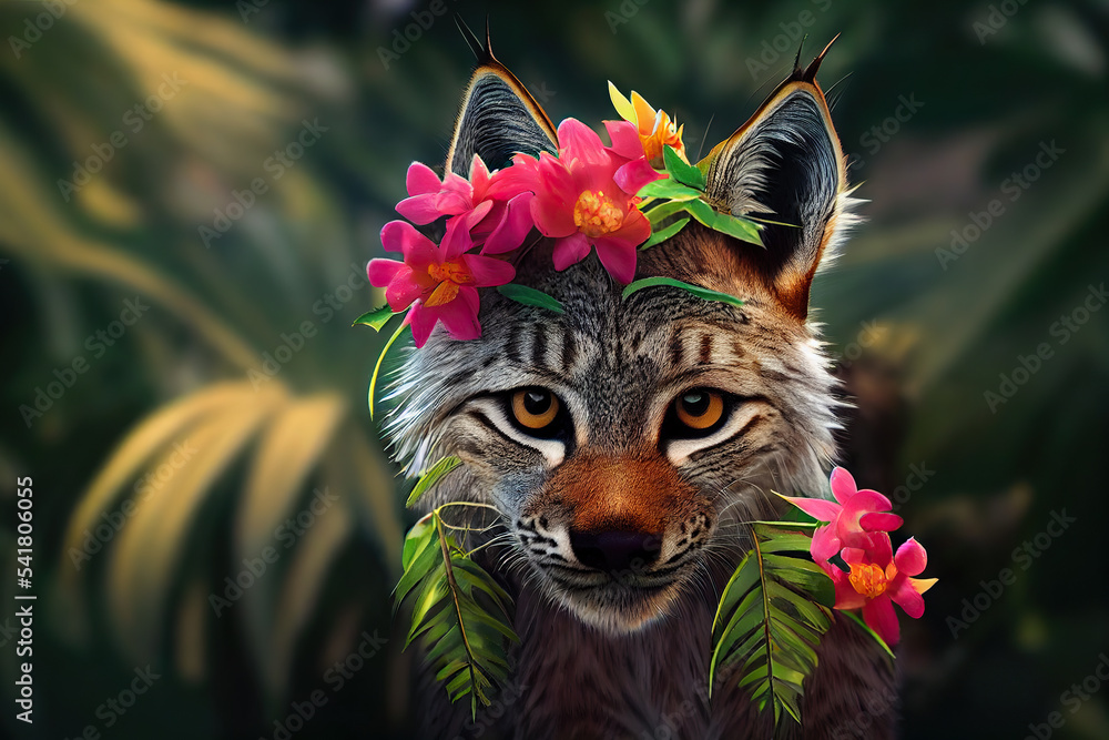 cute realistic lynx on tropical jungle full of exotic flowers and ...